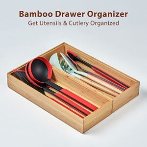 Bamboo Kitchen Drawer Organizer Boxes with Anti-Skid Silicone Feet, 2pcs Stackable Storage Bins for Kitchen Utensils & Silverware & Desk Drawer & Makeup, Tools Holder, 15”L x 6”W x 2.5”D Each