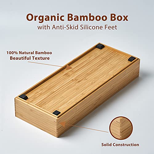 Bamboo Kitchen Drawer Organizer Boxes with Anti-Skid Silicone Feet, 2pcs Stackable Storage Bins for Kitchen Utensils & Silverware & Desk Drawer & Makeup, Tools Holder, 15”L x 6”W x 2.5”D Each