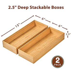 Bamboo Kitchen Drawer Organizer Boxes with Anti-Skid Silicone Feet, 2pcs Stackable Storage Bins for Kitchen Utensils & Silverware & Desk Drawer & Makeup, Tools Holder, 15”L x 6”W x 2.5”D Each