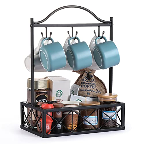 ABATIA Coffee Mug Holder, Portable Coffee Pod Spice Rack, Mug Tree Coffee Cup Holder with Fruit Basket, Home Storage Mug Hooks, Black