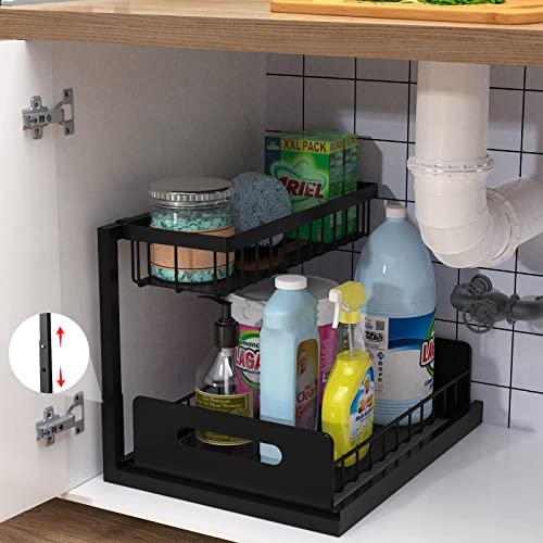 Adjustable Height Under Sink Organizer, Bukfen Pull Out Cabinet Organizer 2-Tier Slide Out Sliding Shelf Under Cabinet Storage Multi-Use for Under Kitchen Bathroom Sink Organizers and Storage …