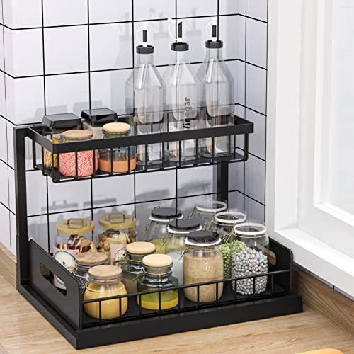 Adjustable Height Under Sink Organizer, Bukfen Pull Out Cabinet Organizer 2-Tier Slide Out Sliding Shelf Under Cabinet Storage Multi-Use for Under Kitchen Bathroom Sink Organizers and Storage …