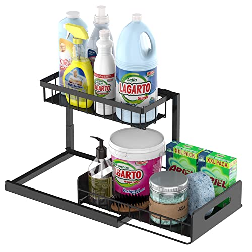 Adjustable Height Under Sink Organizer, Bukfen Pull Out Cabinet Organizer 2-Tier Slide Out Sliding Shelf Under Cabinet Storage Multi-Use for Under Kitchen Bathroom Sink Organizers and Storage …