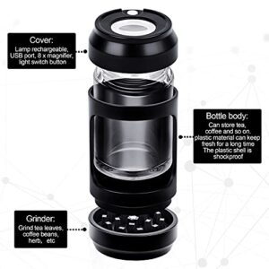 METSHOW Light-Up LED Transparent Seal Storage Jar，Magnifying Viewing Glass Airtight Jar with Grinder ，8 x Magnification Glass(Black)