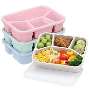 buluker 4 pack bento lunch box set 4 compartment food storage containers wheat straw meal prep lunch box plastic food storage containers, microwave and dishwasher safe (4 compartment)