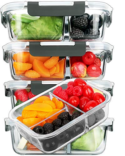 M MCIRCO [5-Pack, 36 oz] Glass Meal Prep Containers 3 Compartment with Lids, Glass Lunch Containers,Food Prep Lunch Box,Bento Box,BPA-Free, Microwave, Oven, Freezer, Dishwasher (4.5 Cups)