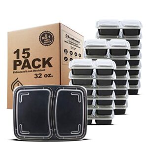 freshware meal prep containers [15 pack] 2 compartment with lids, food storage containers, bento box, bpa free, stackable, microwave/dishwasher/freezer safe (32 oz)