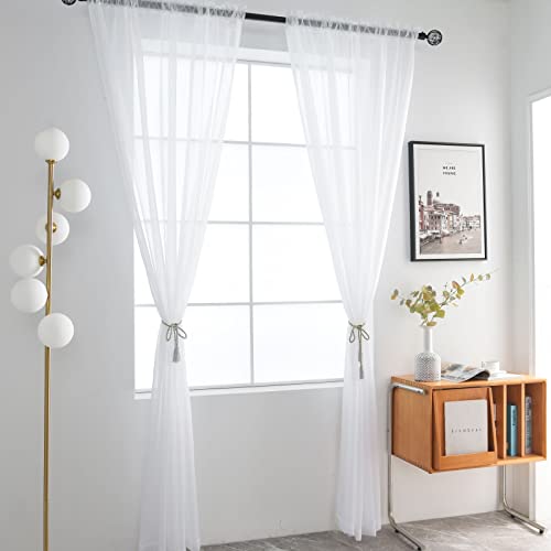 SpaceDresser Basic Rod Pocket Sheer Voile Window Curtain Panels White 1 Pair 2 Panels 52 Width 84 Inch Long for Kitchen Bedroom Children Living Room Yard(White,52 W x 84 L)