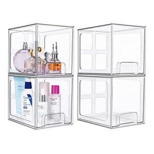 vtopmart 4 pack stackable makeup organizer storage drawers, 6.6’‘ tall acrylic bathroom organizers，clear plastic storage bins for vanity, undersink, kitchen cabinets, pantry organization and storage