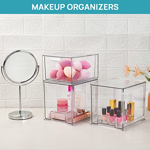 Vtopmart 4 Pack Stackable Makeup Organizer Storage Drawers, 6.6’‘ Tall Acrylic Bathroom Organizers，Clear Plastic Storage Bins For Vanity, Undersink, Kitchen Cabinets, Pantry Organization and Storage