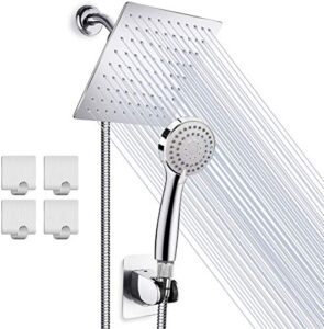 shower head, high pressure 8” rainfall stainless steel shower head/handheld combo with 60” hose anti-leak shower head with holder, flow regulator, chrome, 4 shower hooks (8” showerhead set, sliver)