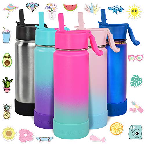 CHILLOUT LIFE 17 oz Insulated Water Bottle with Straw Lid for Kids and Adult + 20 Funny Waterproof Stickers - Perfect for Personalizing Your Kids Metal Water Bottle