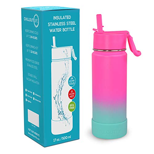 CHILLOUT LIFE 17 oz Insulated Water Bottle with Straw Lid for Kids and Adult + 20 Funny Waterproof Stickers - Perfect for Personalizing Your Kids Metal Water Bottle