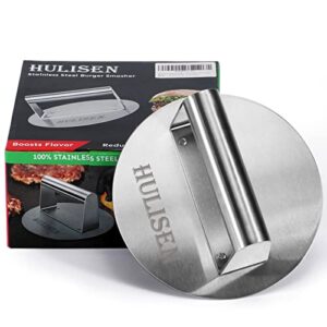 HULISEN Stainless Steel Burger Press, 6.2 inch Round Burger Smasher, Professional Griddle Accessories Kit, Grill Press Perfect for Flat Top Griddle Grill Cooking