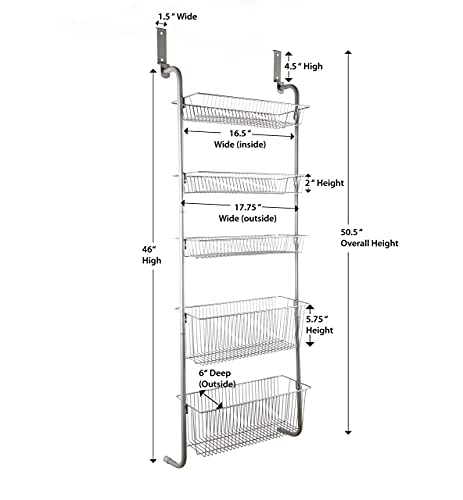 Bee Home Over the Cabinet Pantry Door or Wall Mounted Heavy Duty Metal Basket Organizer Storage Rack for Kitchen, Bathroom, Office, Toy Room includes hooks for over the door or wall mounting (5 Tier)