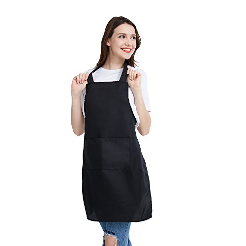 NOBONDO 12 Pack Bib Apron - Unisex Black Apron Bulk with 2 Roomy Pockets Machine Washable for Kitchen Crafting BBQ Drawing