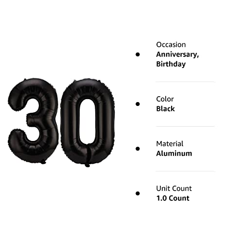 42 Inch Number 30 Balloons Jumbo 30 Foil Party Balloons Giant Number 30 Balloons for 30th Birthday Party Decorations and 30th Anniversary Event (Black)