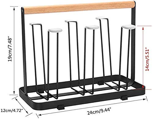 Mukkuri Cup Drying Rack Stand,Beer Glasses Rack 6 Cup Metal Drainer Holder Rack Non-Slip Mugs Cups Organizer with Wood Handle, Black