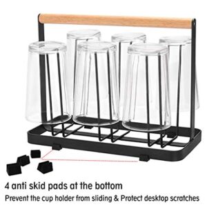 Mukkuri Cup Drying Rack Stand,Beer Glasses Rack 6 Cup Metal Drainer Holder Rack Non-Slip Mugs Cups Organizer with Wood Handle, Black