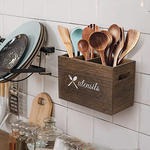 3 Compartment Wooden Kitchen Utensil Holder Organizer with 2 Adjustable Dividers,Silverware Organizer Farmhouse Utensil Caddy Crock for Counter Decor,Wall Mounted Kitchen Organizer and Storage Cutlery