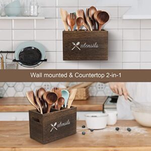 3 Compartment Wooden Kitchen Utensil Holder Organizer with 2 Adjustable Dividers,Silverware Organizer Farmhouse Utensil Caddy Crock for Counter Decor,Wall Mounted Kitchen Organizer and Storage Cutlery