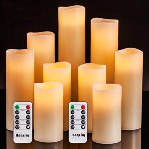 flameless flickering battery operated candles 4″ 5″ 6″ 7″ 8″ 9″ set of 9 ivory real wax pillar led candles with 10-key remote and cycling 24 hours timer (ivory 9 pack)