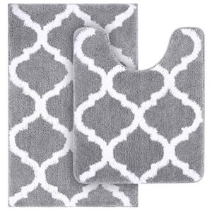 olanly bathroom rugs set 2 piece microfiber bath shower mat and u-shaped toilet rug, machine wash dry, non slip absorbent shaggy bath rug for tub, shower and bath room (20″ x 32″+20″ x 24″, grey)