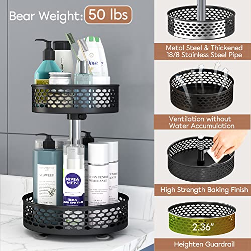 Lazy Susan Organizer 2 Tier Metal Steel, Turntable Height Adjustable, No-Slip Suction Base, Bathroom Kitchen countertop Organizer, Rotating Spice Rack for Cabinet Countertop Pantry, 10" Black