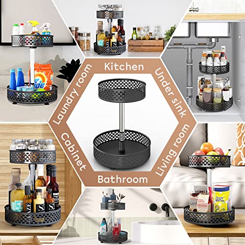 Lazy Susan Organizer 2 Tier Metal Steel, Turntable Height Adjustable, No-Slip Suction Base, Bathroom Kitchen countertop Organizer, Rotating Spice Rack for Cabinet Countertop Pantry, 10" Black