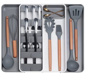 kitchen drawer organizer, silverware organizer utensil organizer, large expandable cutlery organizer in drawer, adjustable plastic flatware spoon fork storage tray for kitchen gadgets office supplies