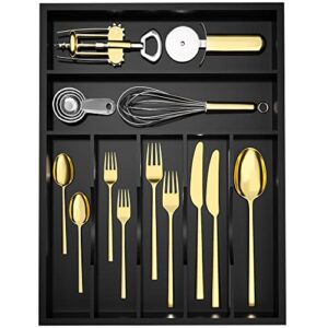 wushizhuhun utensil organizer silverware drawer organizer – 7 slots bamboo silverware tray for kitchen cutlery office supplies makeup desk storage garage tool organization w13”x l17” (black)