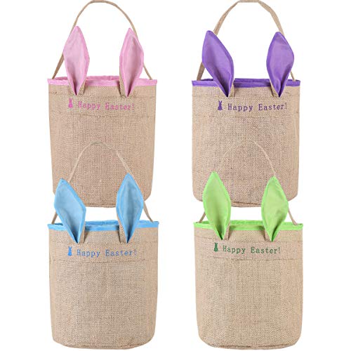 4 Pack Easter Bunny Basket Bags Gift Basket Easter Bag Bunny Ear Bag Tote Bag for Egg Hunting Candy and Gifts Carry Bucket (Easter Bunny Bag 01)