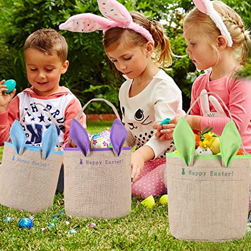 4 Pack Easter Bunny Basket Bags Gift Basket Easter Bag Bunny Ear Bag Tote Bag for Egg Hunting Candy and Gifts Carry Bucket (Easter Bunny Bag 01)