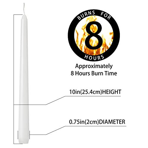 Tuyai 24 Pack Tall White Taper Candles, 10 inch (H) Dripless, Unscented Dinner Candle, Smokeless Taper Candles, Paraffin Wax with Cotton Wicks, 8 Hours Burn Time