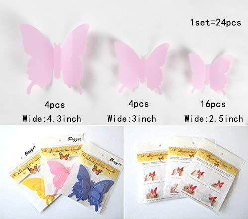 24pcs 3D Butterfly Removable Mural Stickers Wall Stickers Decal for Home and Room Decoration (Pink)