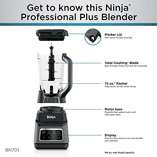 Ninja BN701 Professional Plus Bender, 1400 Peak Watts, 3 Functions for Smoothies, Frozen Drinks & Ice Cream with Auto IQ, 72-oz.* Total Crushing Pitcher & Lid, Dark Grey