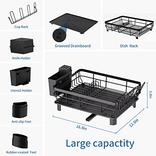 TYigao Dish Drying Rack, Dish Rack with Drainboard, Dish Racks for Kitchen Counter, Dish Drainer with Removable Utensil Holder,Space Saving Durable Stainless Steel Kitchen Drying Rack(Black)