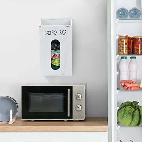 Farmhouse Wooden Grocery Plastic Bag Holder and Dispenser, Wall Mount Plastic Bag Holder with Extra-Wide & Easy-Access Openings, Garbage Bag Dispenser Anti-Fingerprint Rustic White Finish Bags Saver