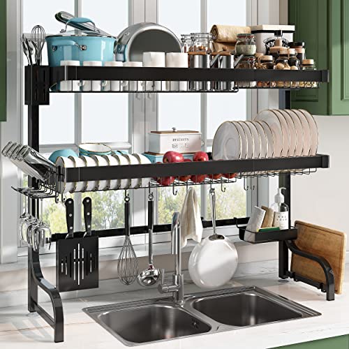 BOOSINY Over Sink Dish Drying Rack 3 Tier Full 304 Stainless Steel Above Sink Dish Drainer for Kitchen Shelf, Expandable Over The Shelf Storage Organization (Black - 25.5"-35.5")