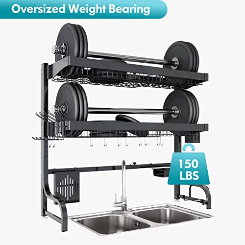 BOOSINY Over Sink Dish Drying Rack 3 Tier Full 304 Stainless Steel Above Sink Dish Drainer for Kitchen Shelf, Expandable Over The Shelf Storage Organization (Black - 25.5"-35.5")