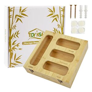 bamboo ziplock bag organizer for drawer with removable lid | ziplock bag storage organizer | ziplock bag organizer| 4 compartments plastic bag organizer | wooden baggie organizer | 12 x 12 x 3-inch