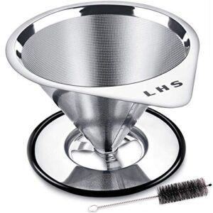 pour over coffee dripper stainless steel lhs slow drip coffee filter metal cone paperless reusable single cup coffee maker 1-2 cup with non-slip cup stand and cleaning brush