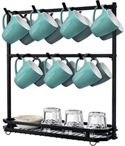 fangsun large coffee mug holder stand countertop, mug tree rack for 14 mugs, 2 tier counter mug display storage, metal wire tea cup holder for coffee station kitchen organizer, not included mugs