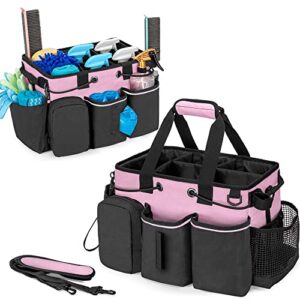 lodrid large professional cleaning caddy with detachable divider, supply organizer with handle and shoulder strap, cleaning bags for housekeepers & cleaners, pink