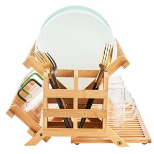 worthyeah bamboo dish drying rack, 3 tier collapsible dish rack with utensil holder, wooden dish drying rack for kitchen counter, large folding drying holder, dish drainer