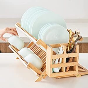 Worthyeah Bamboo Dish Drying Rack, 3 Tier Collapsible Dish Rack with Utensil Holder, Wooden Dish Drying Rack for Kitchen Counter, Large Folding Drying Holder, Dish Drainer