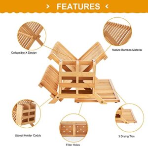 Worthyeah Bamboo Dish Drying Rack, 3 Tier Collapsible Dish Rack with Utensil Holder, Wooden Dish Drying Rack for Kitchen Counter, Large Folding Drying Holder, Dish Drainer