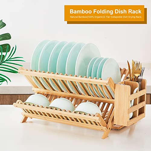 Worthyeah Bamboo Dish Drying Rack, 3 Tier Collapsible Dish Rack with Utensil Holder, Wooden Dish Drying Rack for Kitchen Counter, Large Folding Drying Holder, Dish Drainer