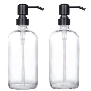 2 pack thick clear glass pint jar soap dispenser with matte black stainless steel pump, 16ounce clear boston round bottles dispenser with rustproof pump for essential oil, lotion soap