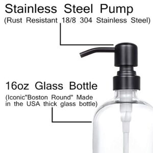 2 Pack Thick Clear Glass Pint Jar Soap Dispenser with Matte Black Stainless Steel Pump, 16ounce Clear Boston Round Bottles Dispenser with Rustproof Pump for Essential Oil, Lotion Soap